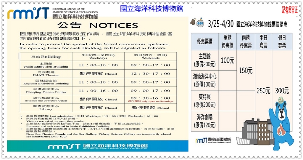 海科館3/25-4/30調營運時間 全區任遊平日250、假日300＠全球華僑報 - 中華全球華僑總會官方網站，全球華僑報